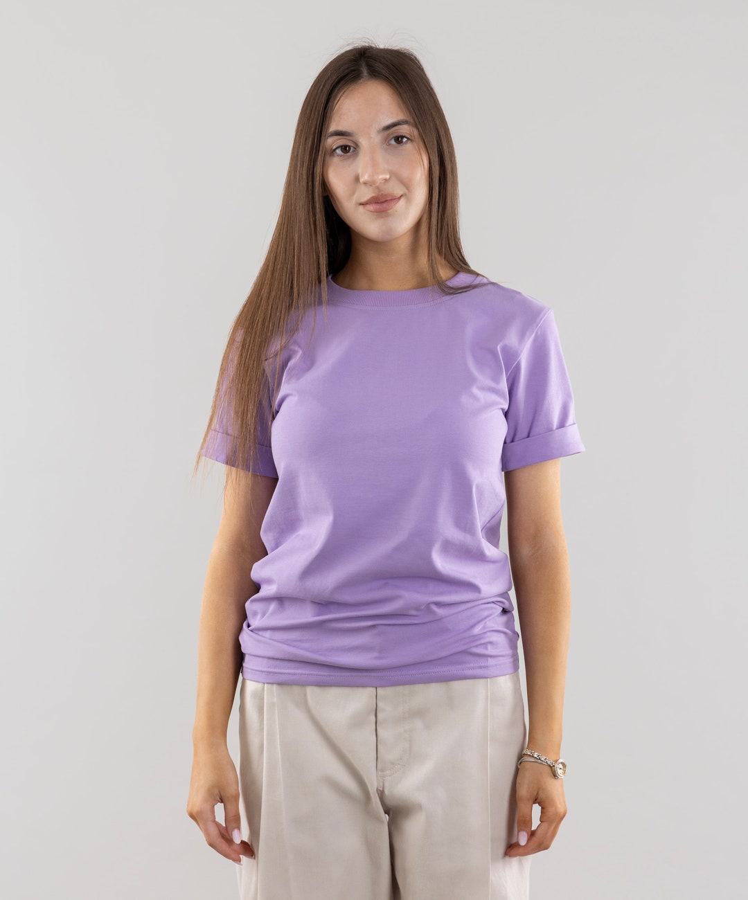 Lilac Basic T-shirt With Cuffs, T-shirt for Women, Casual T-shirt, Women's Fashion, Casual Wear ...