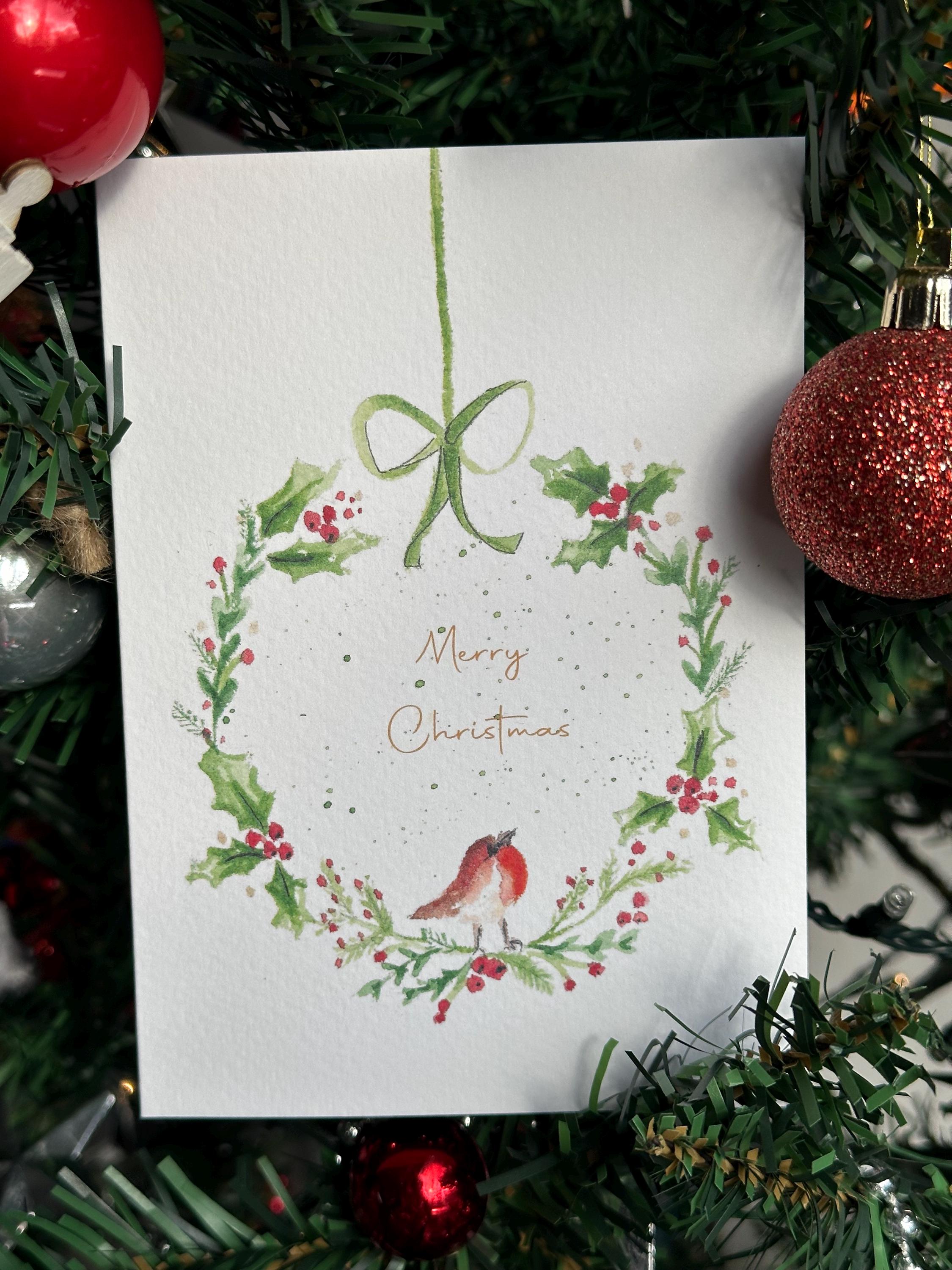 Hand Painted Personalised Custom Christmas Card, Christmas Wreath Card ...