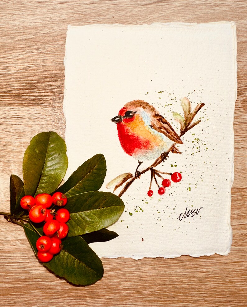 Robin Postcard Festive Christmas Bird Holiday Card Botanical Xmas ...