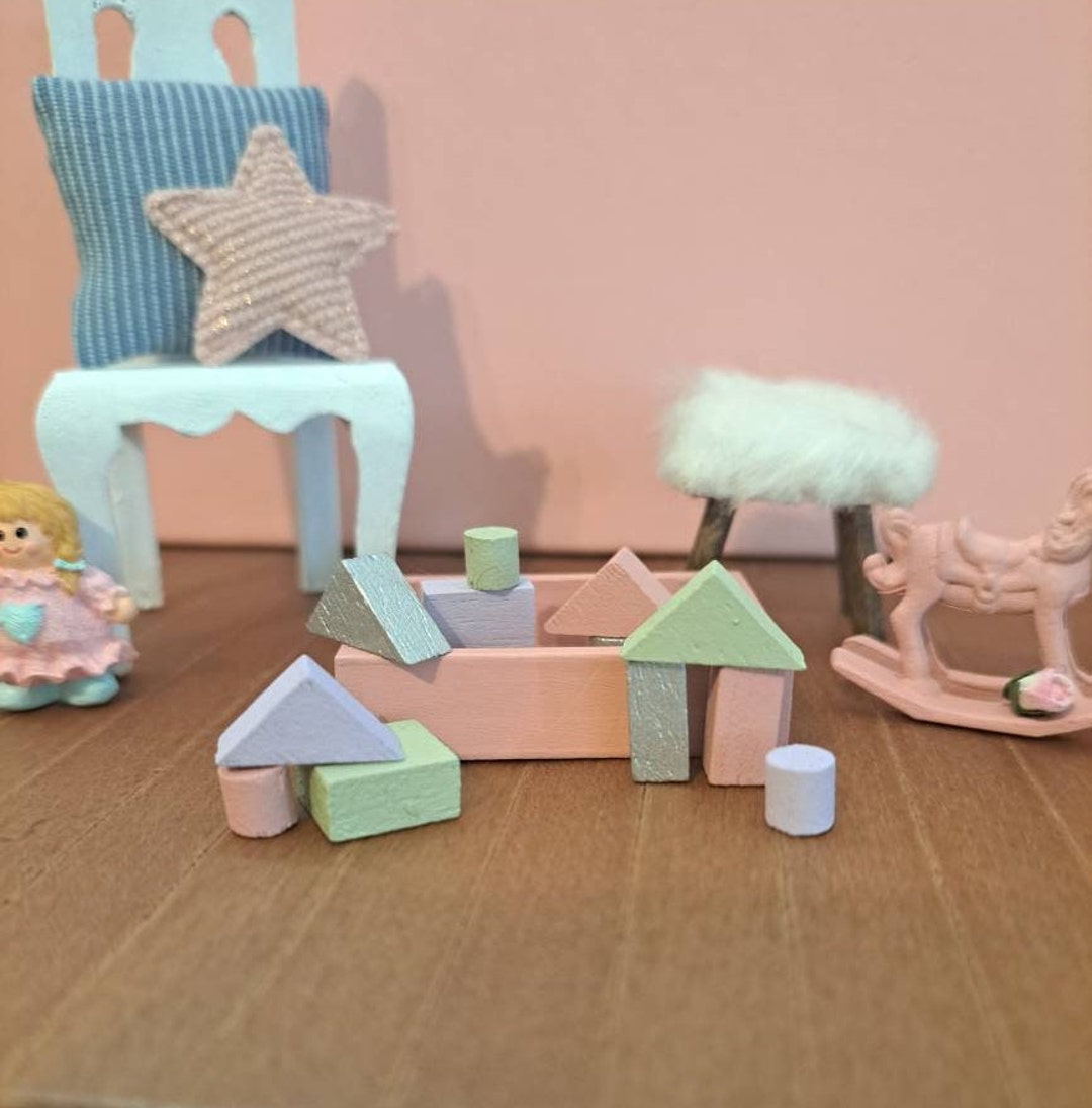 Pastel Wooden Blocks in Crate, Hand-painted Shabby Chic Toys 1:12 ...