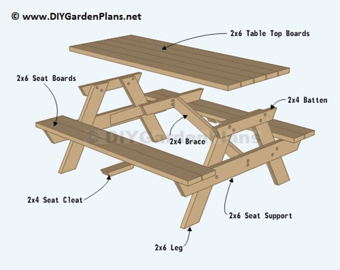 6 Foot Picnic Table Plans PDF Download - Etsy