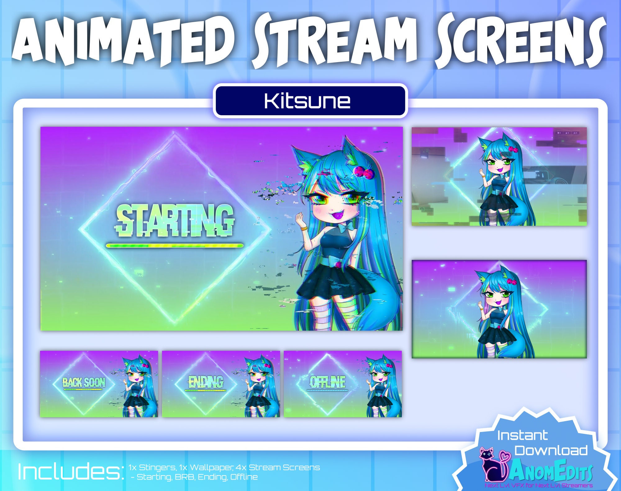 Animated Kitsune Fox Stream Screens Stinger Wallpaper Blue - Etsy