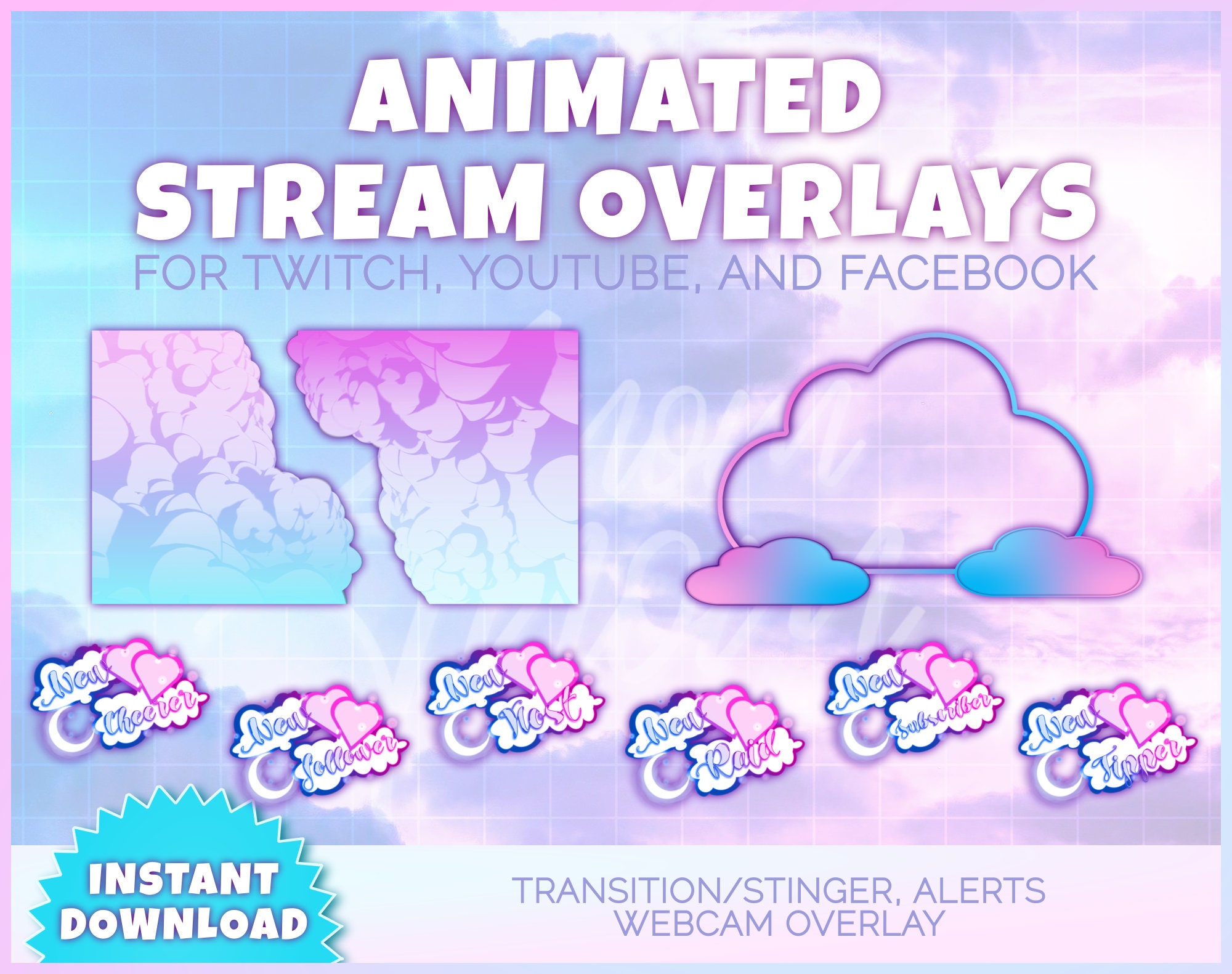 Animated Pink Blue Kawaii Cloud Dream Overlays Webcam - Etsy