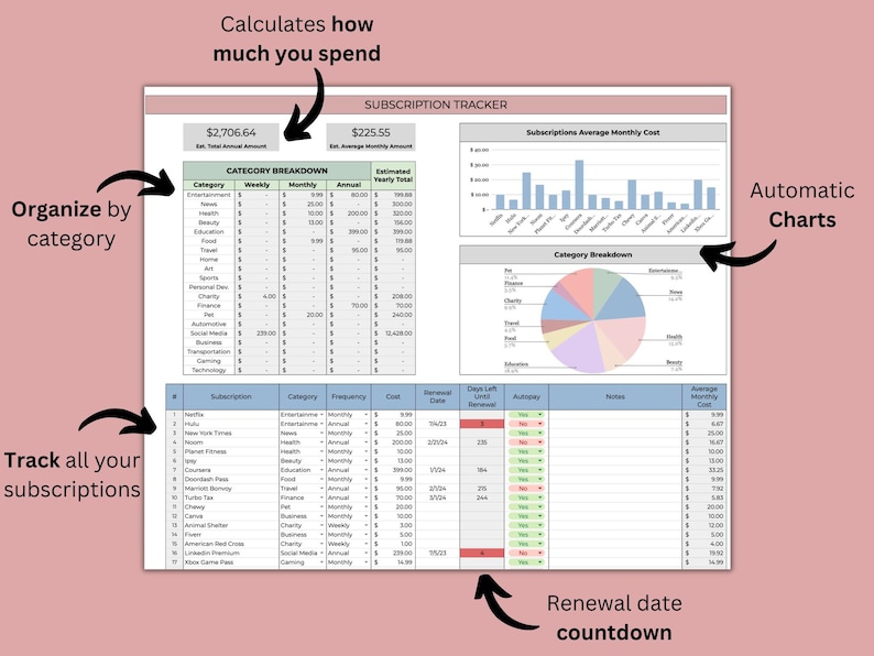 Subscription Tracker | Google Sheets Template | Budgeting Template - Etsy