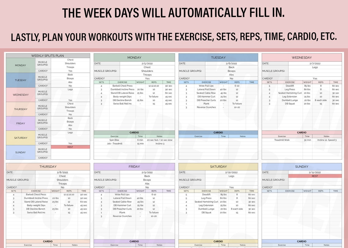 Workout Planner Spreadsheet Weekly Workout Planner Fitness - Etsy
