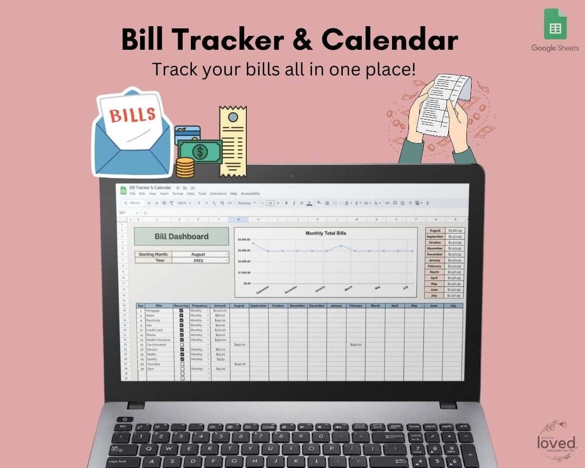 Bills Tracker & Calendar | Google Sheets Template | Monthly Bills ...