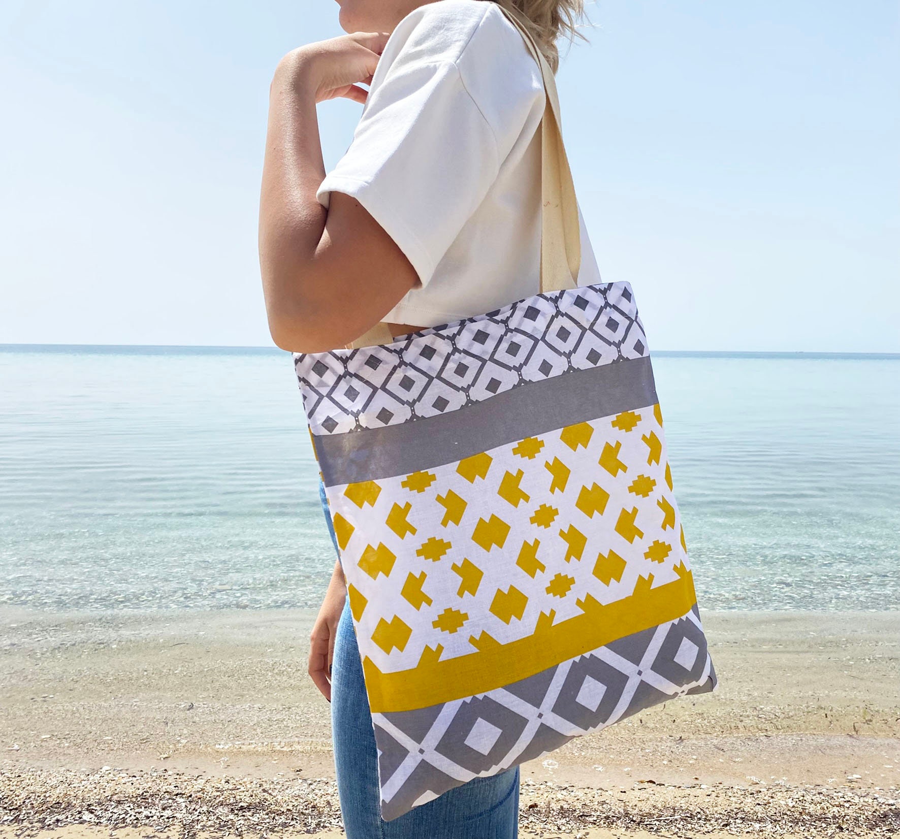 Geometric Fabric Bag Double Sided Bag Shoulder Tote Bag Shopping Bag ...