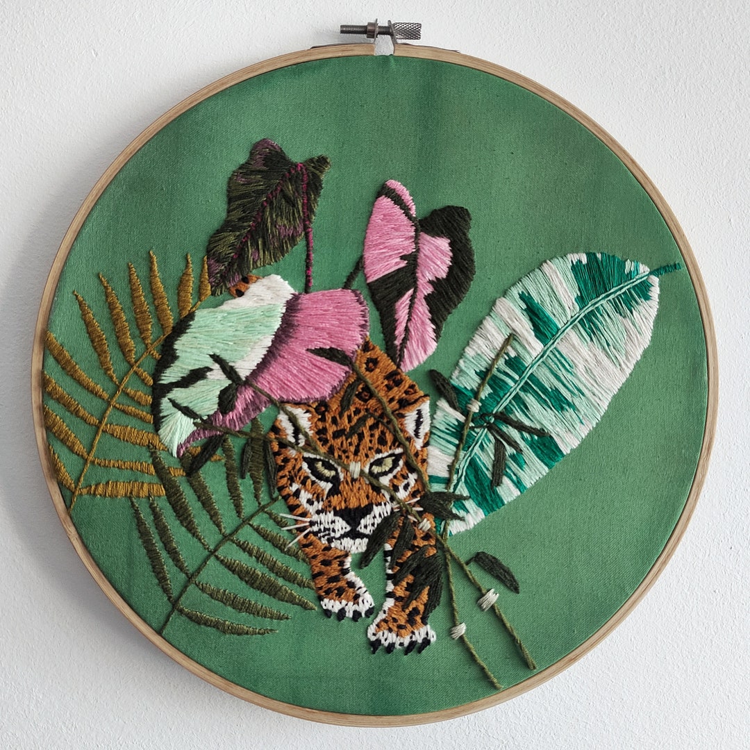 Jaguar Embroidery Frame in the Jungle. Hand Embroidery, Wall Hanging ...