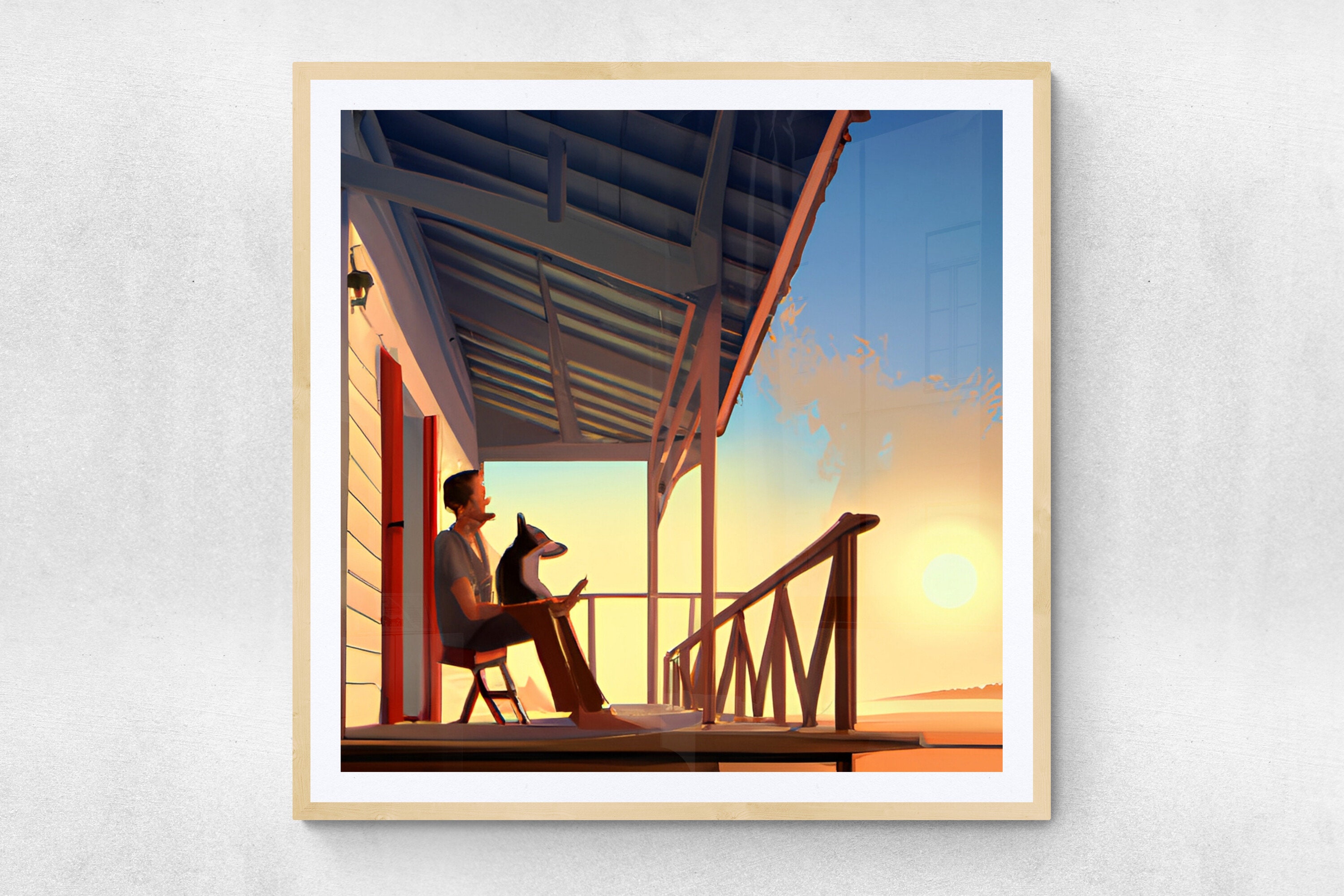 Printable Wall Art Man With Dog on the Porch, House Veranda Patio in ...