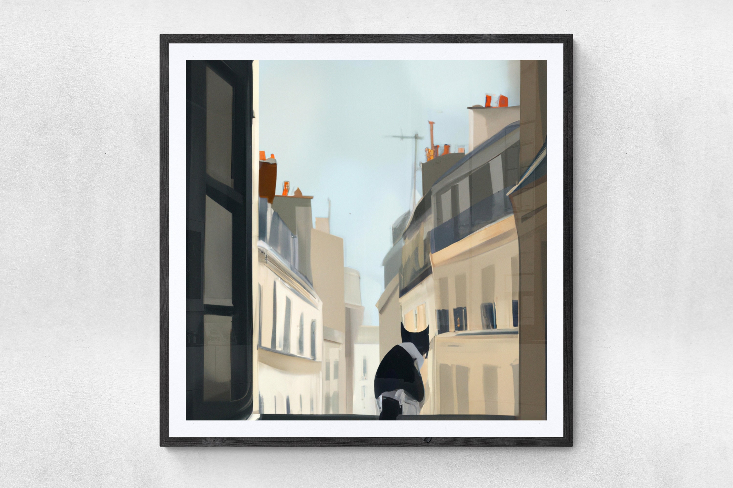 Printable Wall Art Black Cat on Window Sill Looking Out Onto Rooftops ...