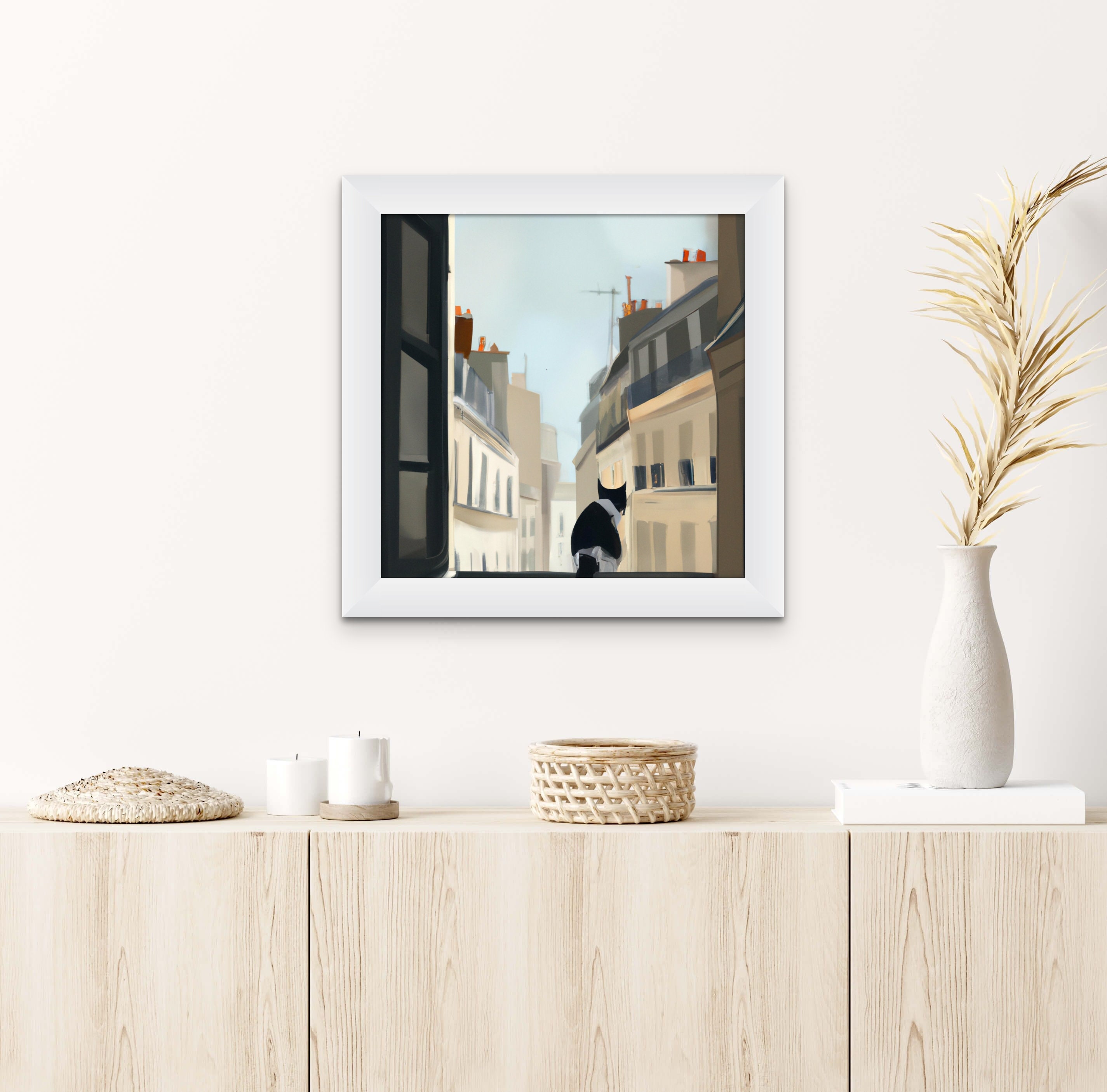 Printable Wall Art Black Cat on Window Sill Looking Out Onto Rooftops ...
