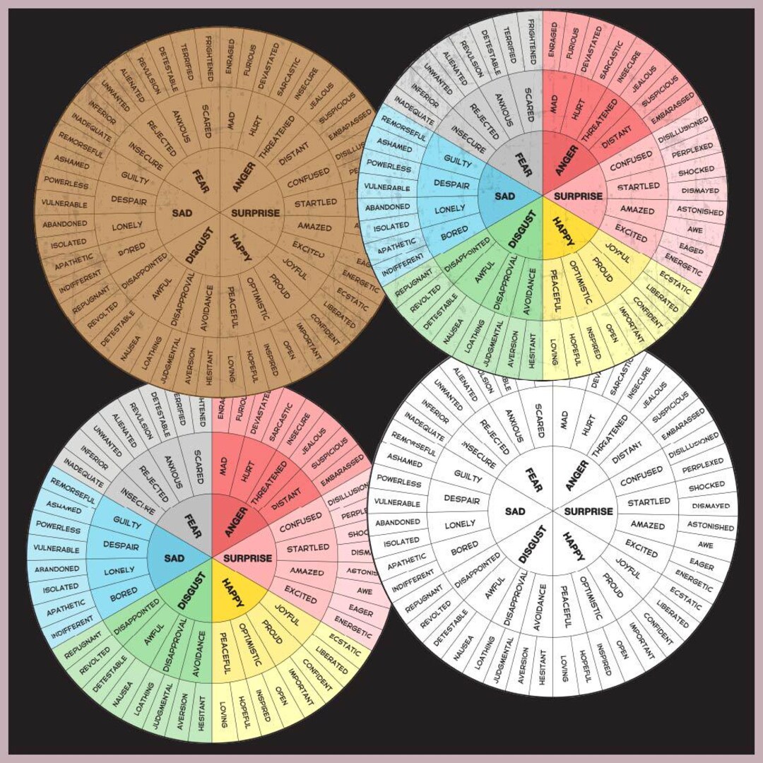 Emotion Wheel in 4 Styles Printable – Therapy Tool | PDF & 300 DPI PNG ...