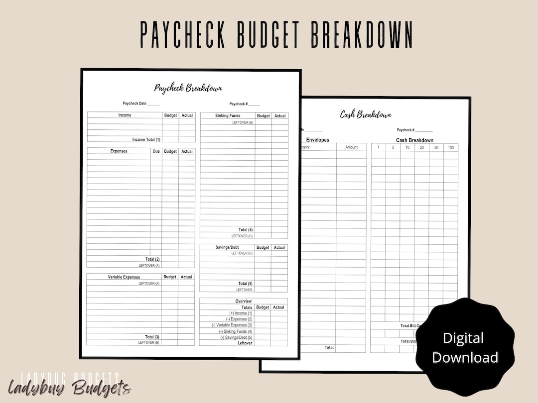 Paycheck Budget Breakdown | Paycheck Breakdown | PDF Printable | Budget Printable | Cash ...