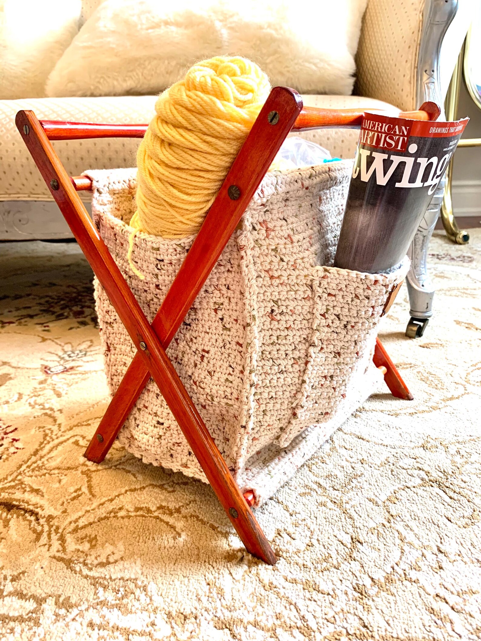 Vintage Folding Knitting Sewing Basket Yarn Container, Storage ...