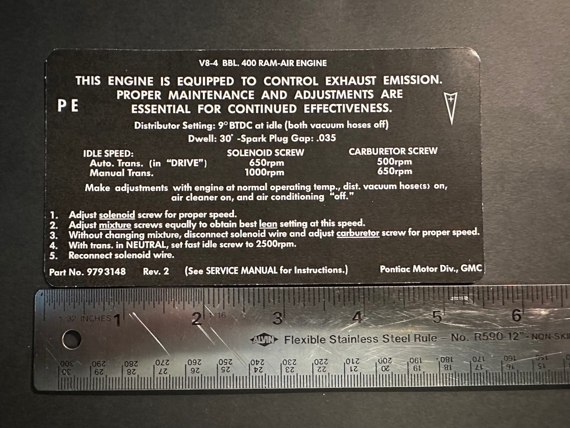 1969 Pontiac GTO Ram Air III 400 Emissions Decal (early Build) - Etsy