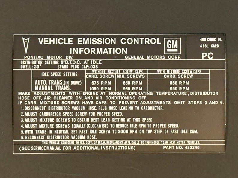 1970 "pc" 400 4bbl Emissions Decal for Pontiac Gto/firebird/transam/ram ...