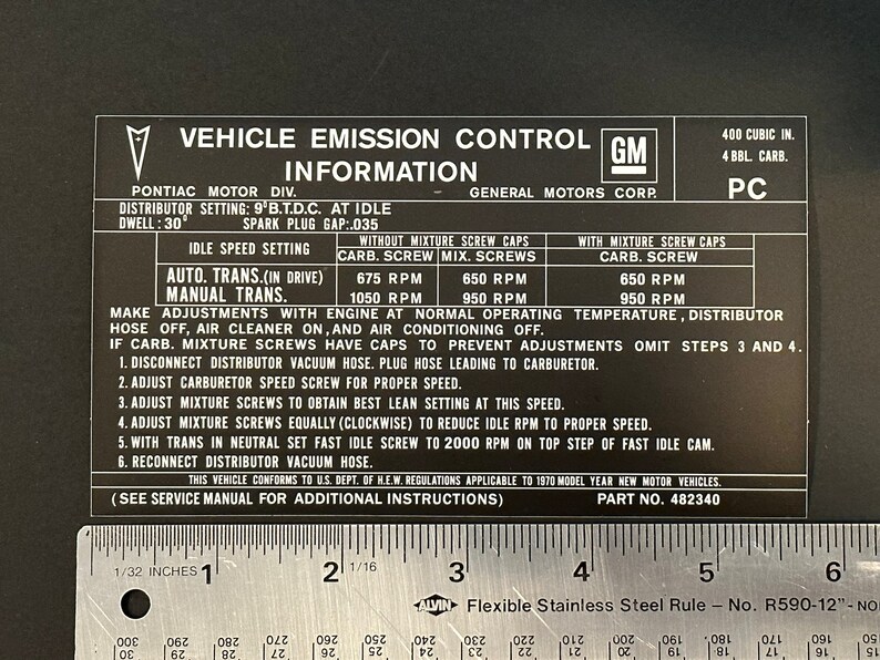 1970 "pc" 400 4bbl Emissions Decal for Pontiac Gto/firebird/transam/ram ...