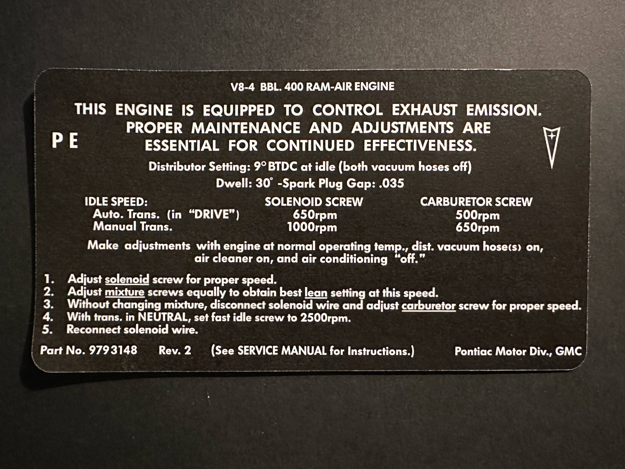 1969 Pontiac GTO Ram Air III 400 Emissions Decal (early Build) - Etsy