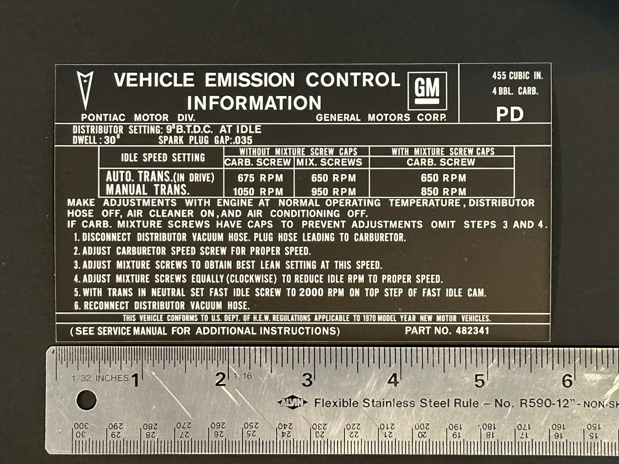 1970 "pd" 455 4bbl Emissions Decal for Pontiac Gto/grand Prix/catalina ...
