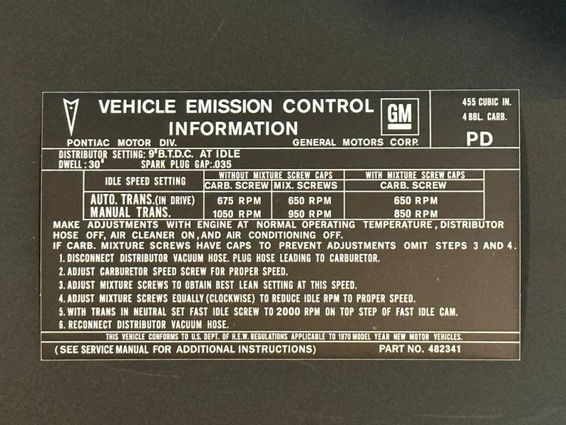 1970 "pd" 455 4bbl Emissions Decal for Pontiac Gto/grand Prix/catalina ...