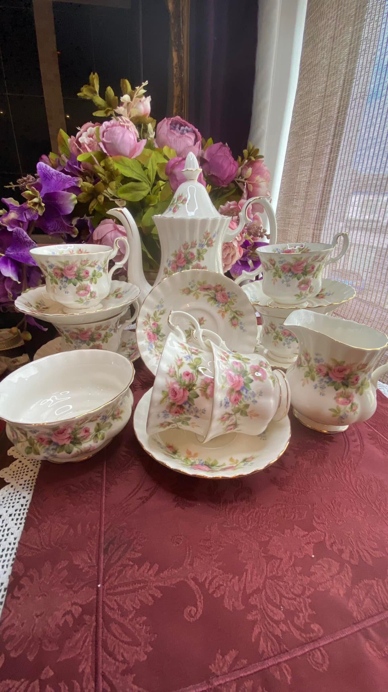 ROYAL ALBERT Moss Rose 16 Piece Tea Set. Coffee Pot,sugar Bowl,milk Jug ...