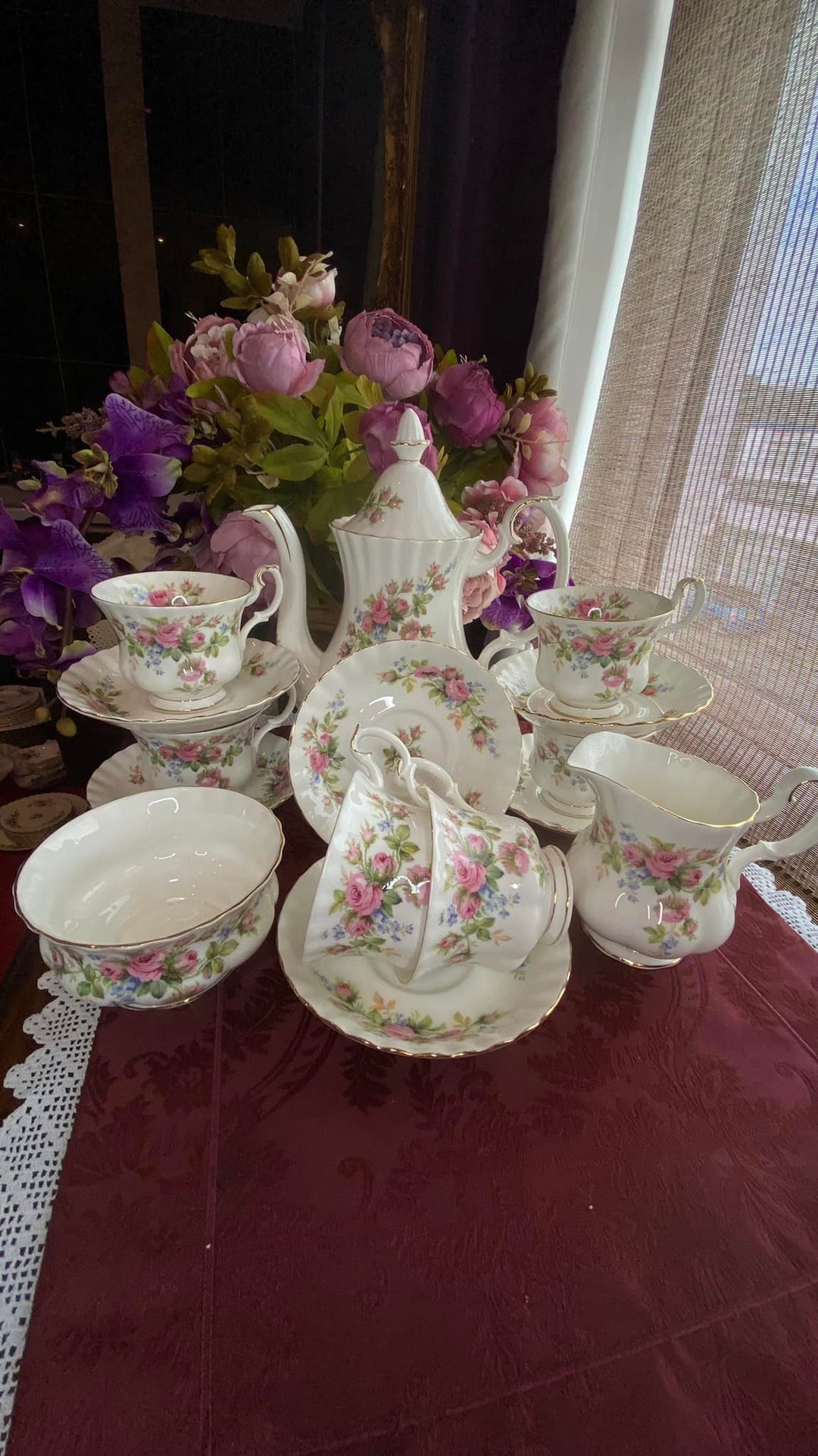 ROYAL ALBERT Moss Rose 16 Piece Tea Set. Coffee Pot,sugar Bowl,milk Jug ...