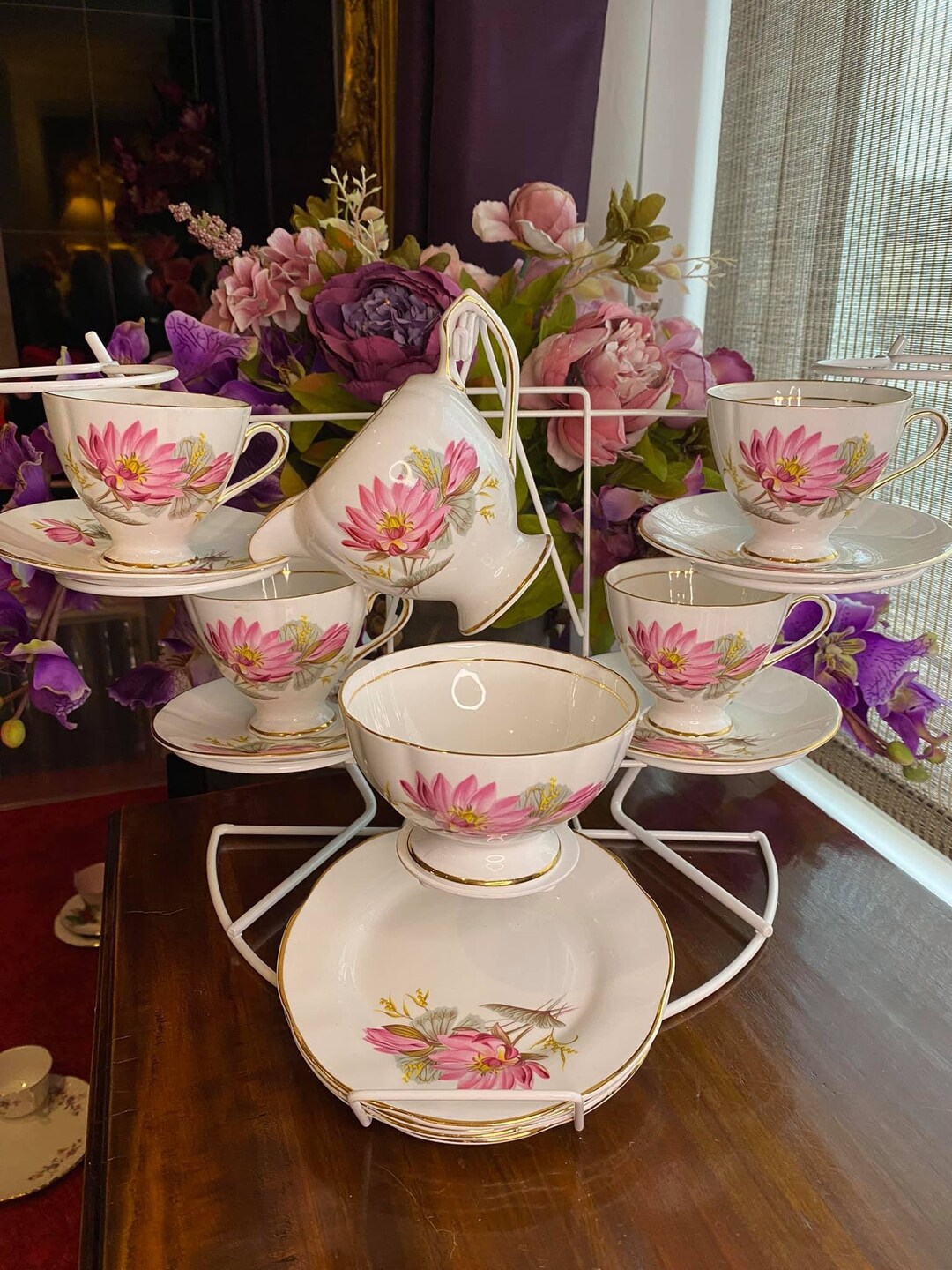 BEAUTIFUL PINK LILLY Pattern Clare Tea Set. 4 Teacups,4 Saucers,4 Side ...