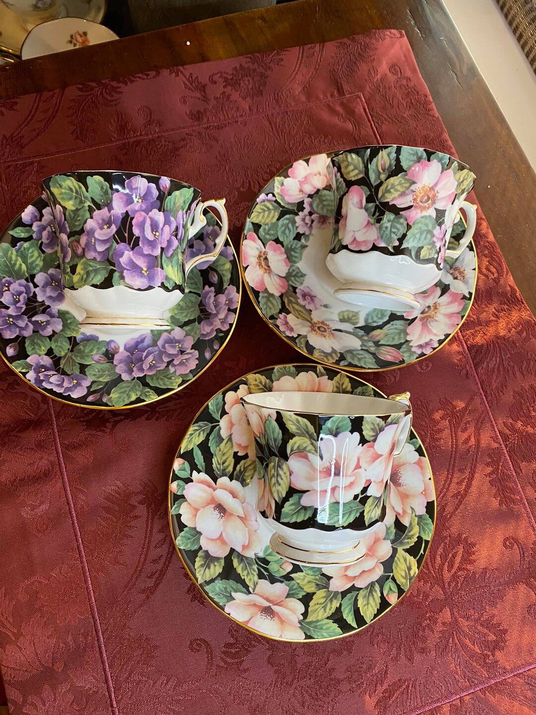 QUEEN'S CHINA Midnight Bloom Series 3 Floral Pattern Tea Cups and ...