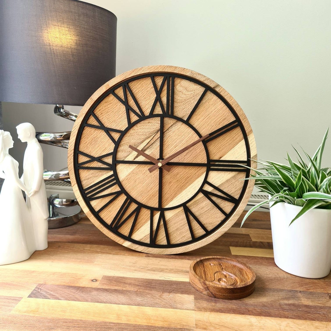 100% Solid Oak Wood Wall Clock Round Black Skeleton Clock - Etsy