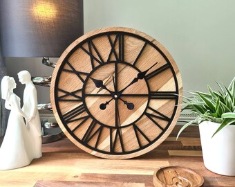 100% Solid Oak Wood Wall Clock Round Skeleton Clock | Etsy