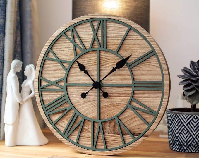 100% Solid Oak Wood Wall Clock Round Green Skeleton Clock Rustic ...