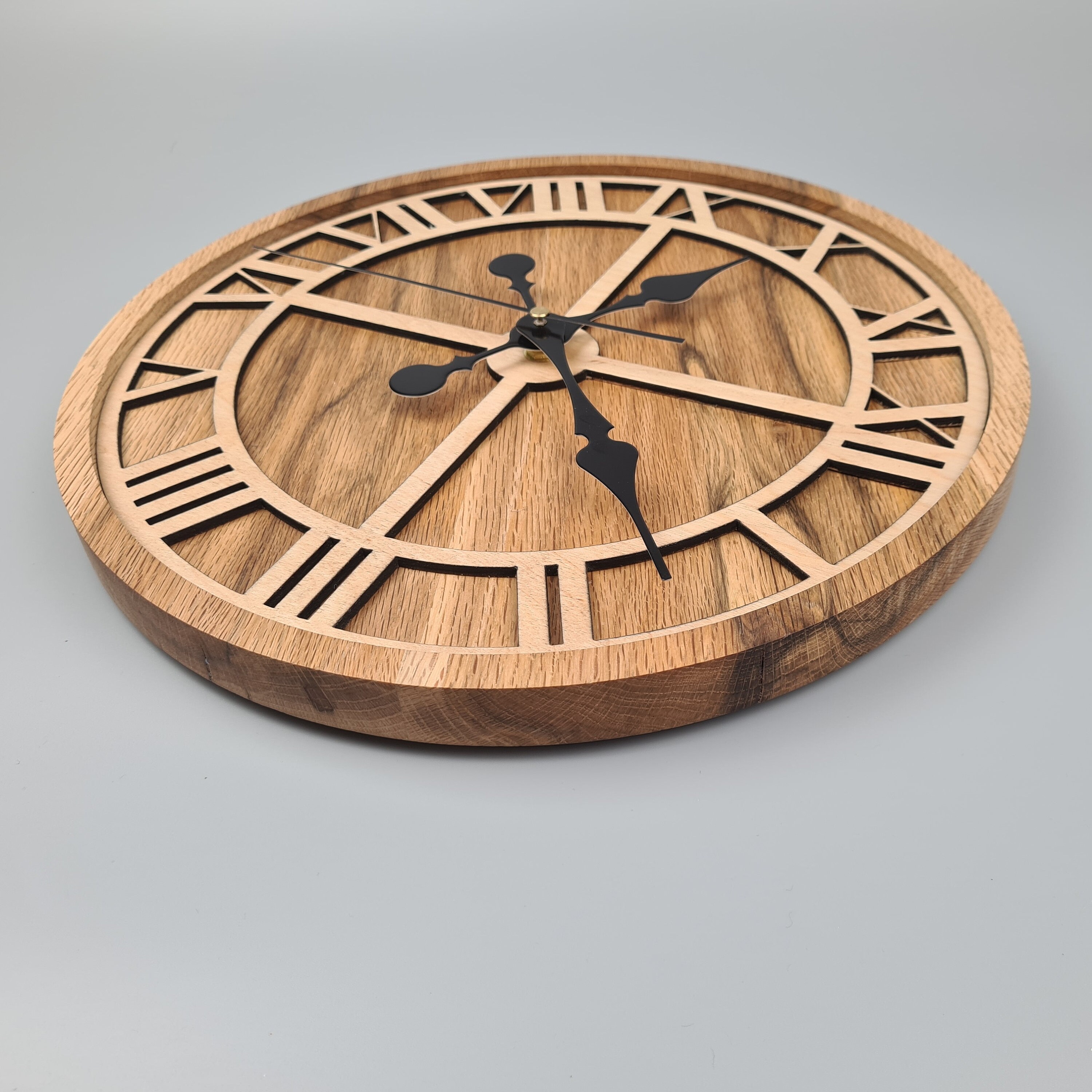 100% Solid Oak Wood Wall Clock Round Skeleton Clock | Etsy