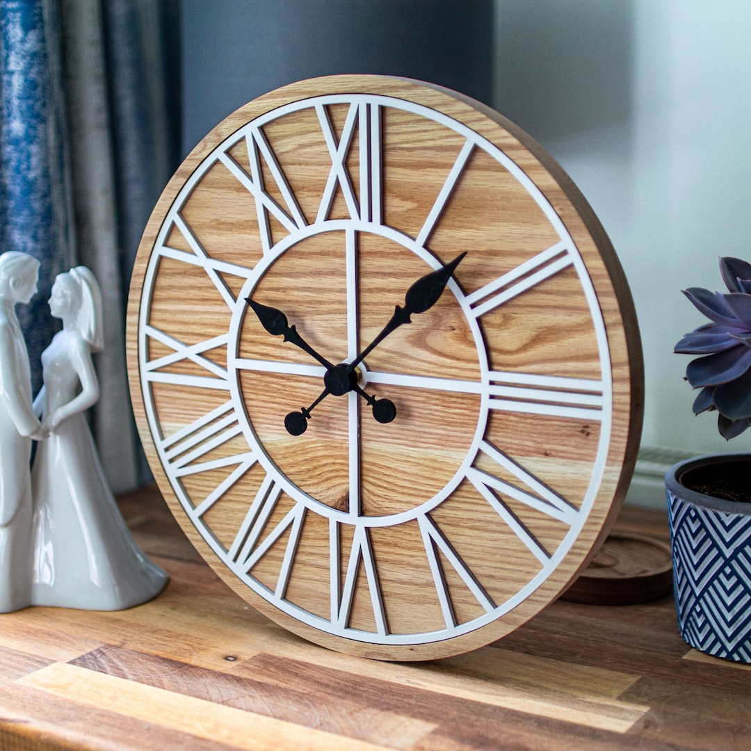 100% Solid Oak Wood Wall Clock Round Chalk White Skeleton Clock Rustic ...