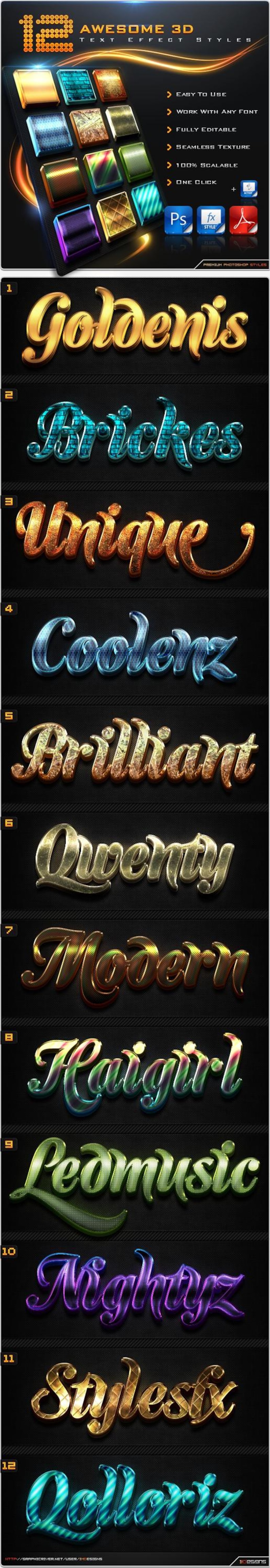 Awesome 3D Fonts Pack - Photoshop Styles ASL & PSD - Realistic 3D Fonts ...