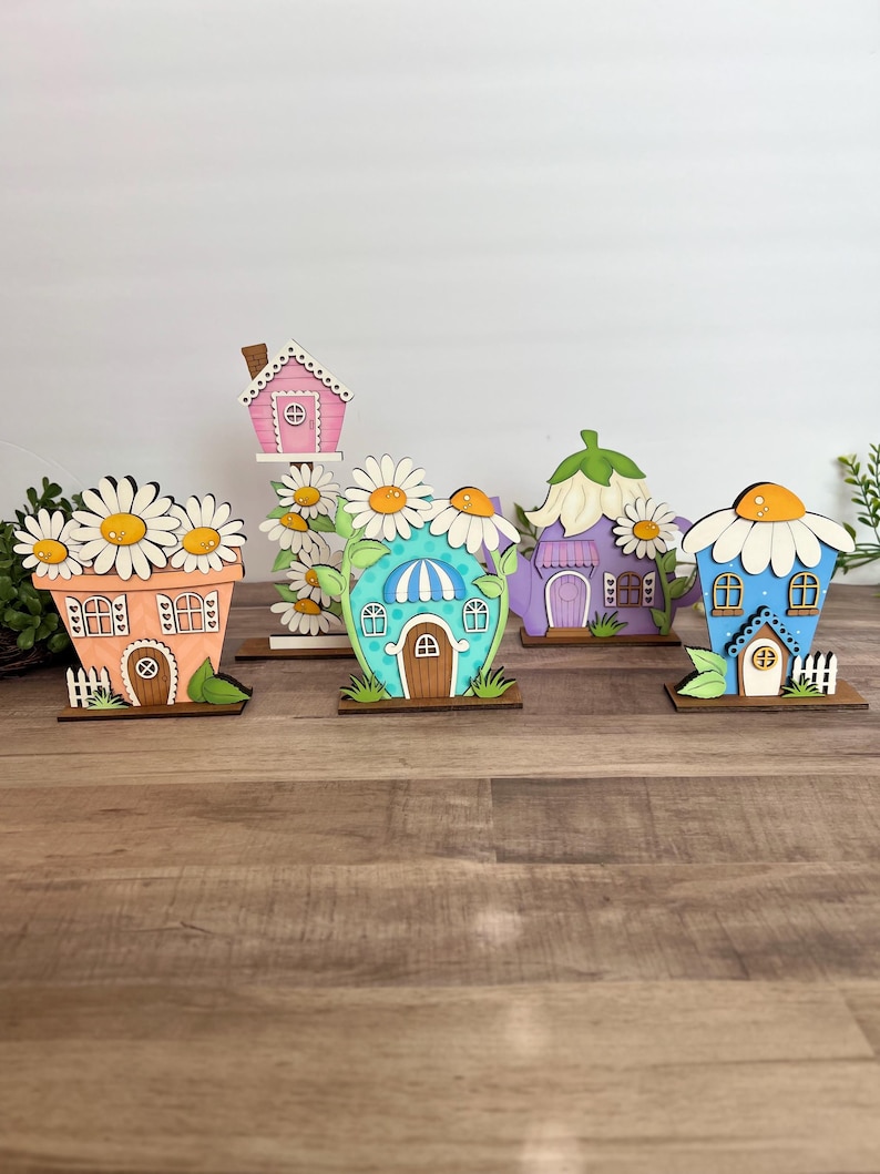 Spring Daisy Village Shelf Sitters, Hand Painted Wood Spring Village ...