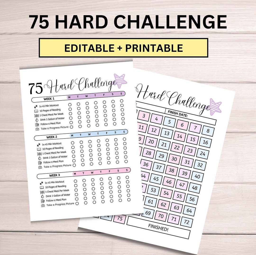 Editable 75 Hard Challenge Tracker Printable, 75 Hard Tracker, 75 Day ...