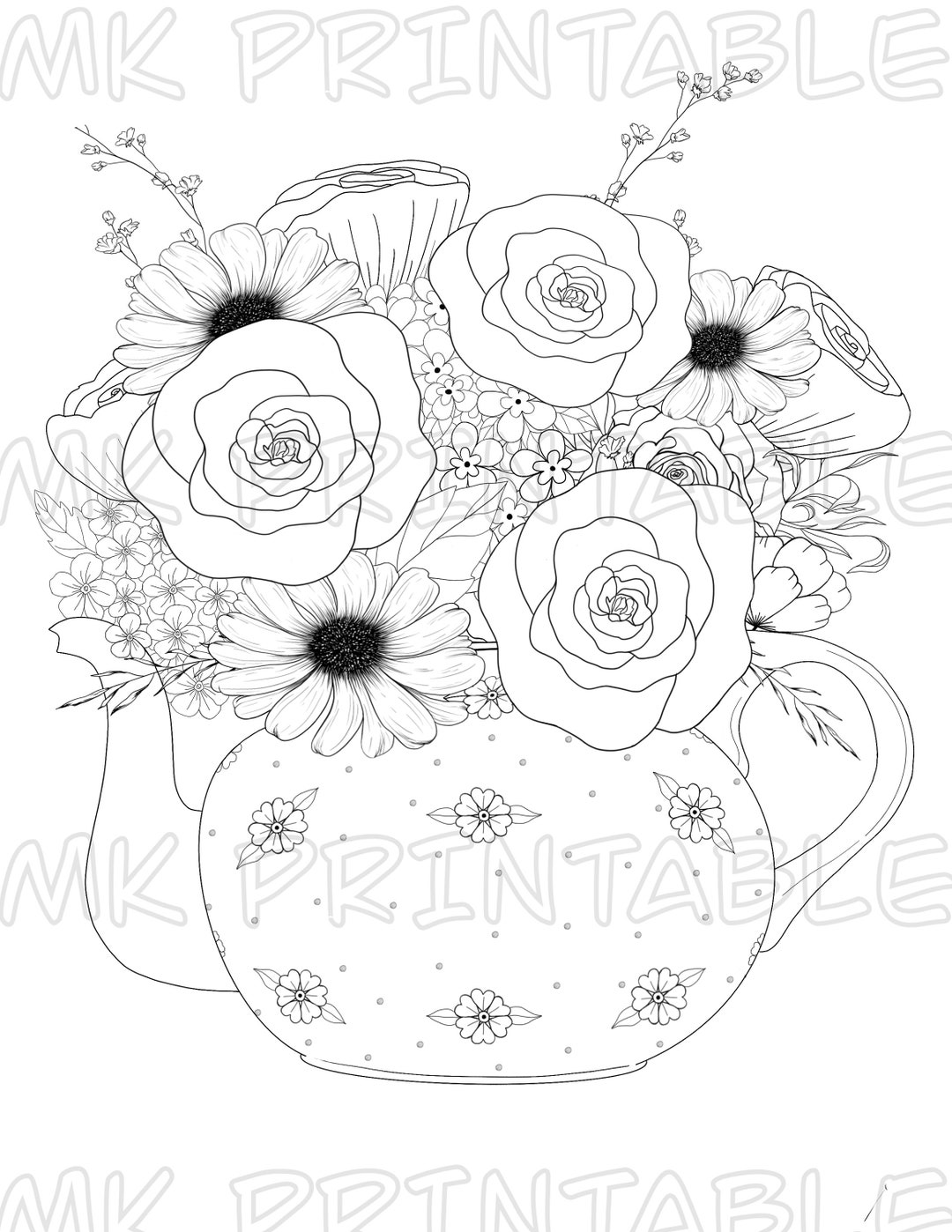 Tea Pot With Flowers Printable Coloring Page - Etsy