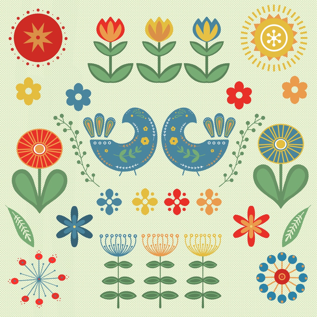 Scandinavian Flower Folk Art Clipart Digital Download - Etsy