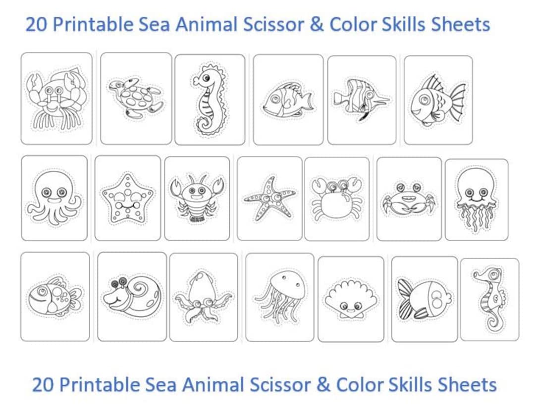Sea Animal Coloring Pages With Scissor Outline - Etsy