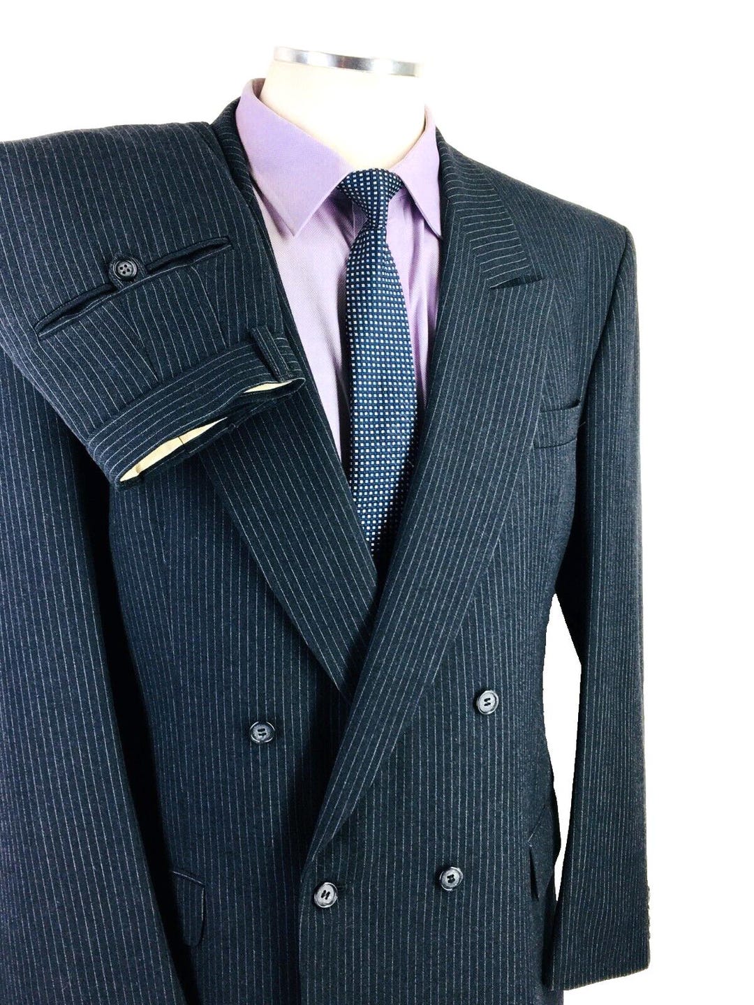 42L Alexandre London Mens Vintage Double Breasted Wool Suit Dk Pencil ...