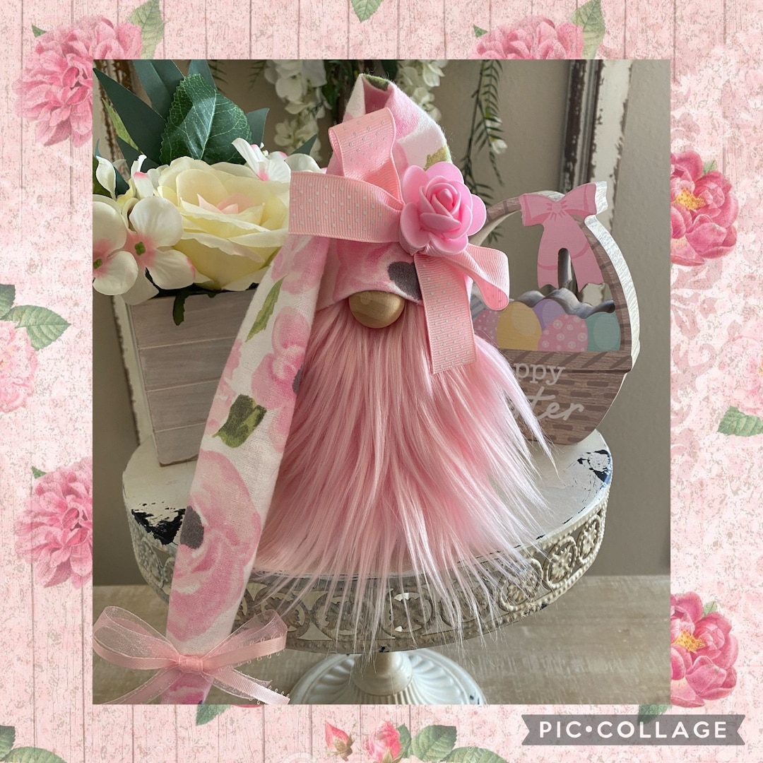 Pink Flowers Gnome, Spring Gnome, Shabby Chic Gnome, Easter Gnome ...