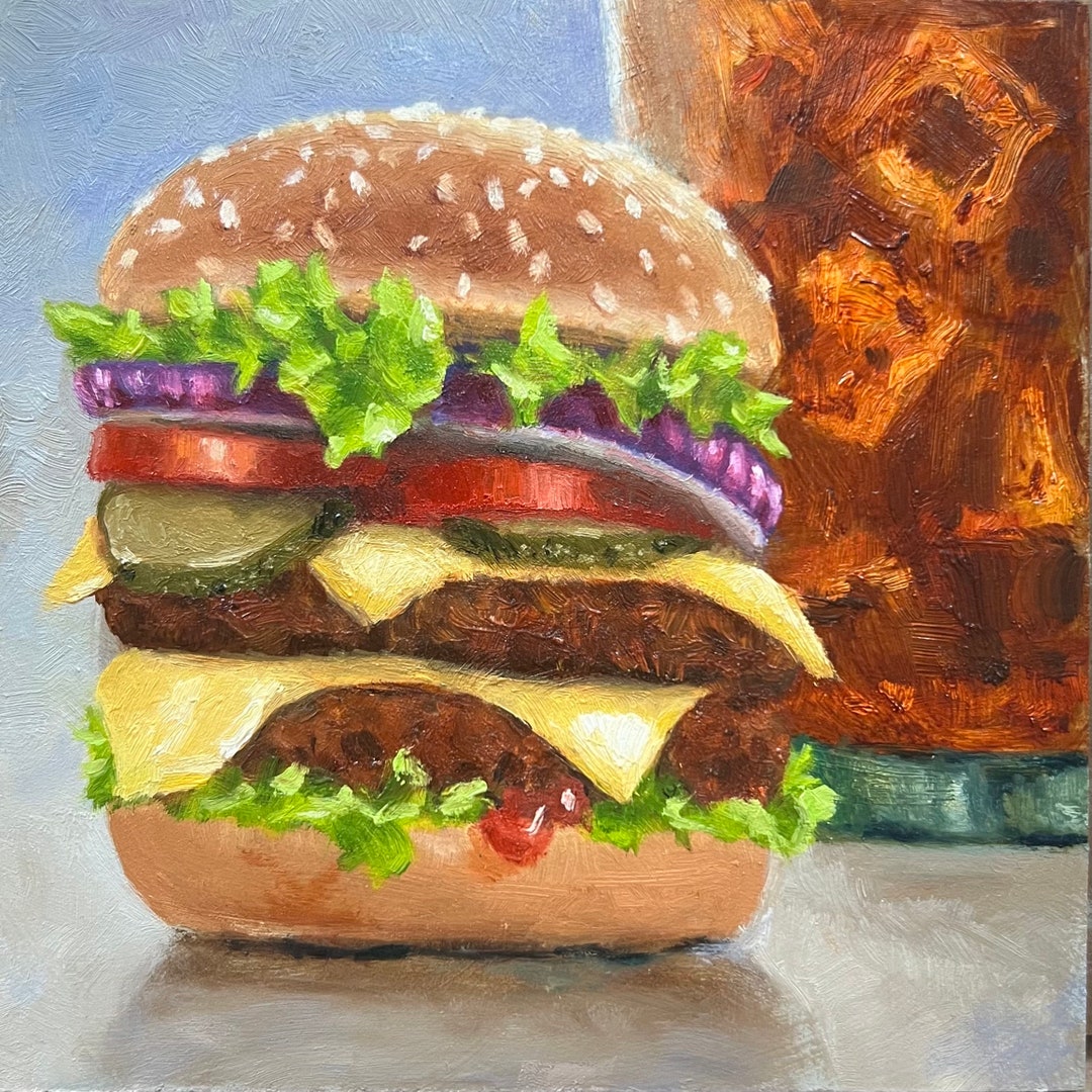 Hamburger and Coke on Light Purple Background, Fast Food Still Life Oil ...