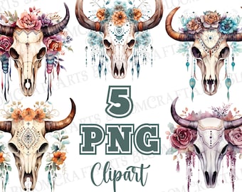 Watercolor Boho Cow Skull Png Clipart Set, Beautiful Floral Longhorn ...