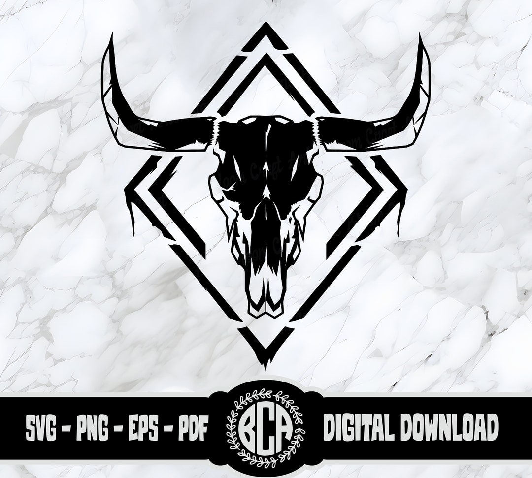 Western Longhorn Skull SVG | Bull Skull Design | Cow Skull on Diamond ...