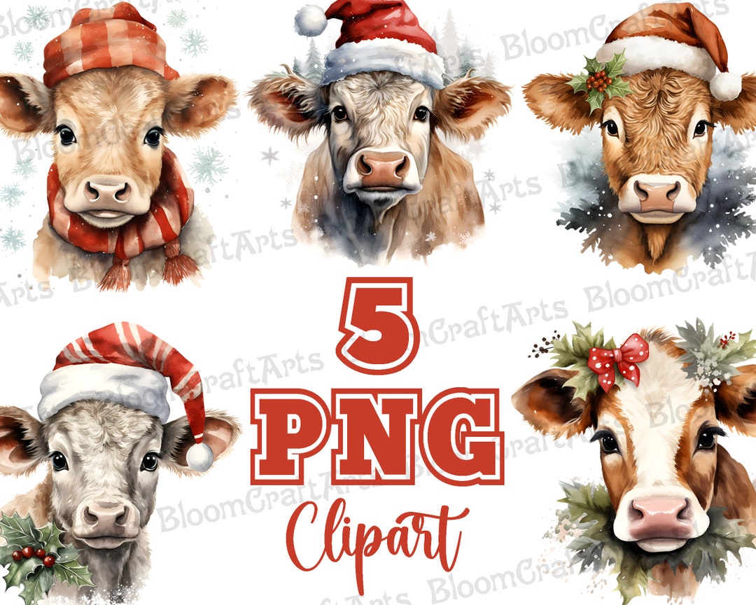 Cute Retro Christmas Cows PNG Watercolor Clipart Set, Holiday Cow ...