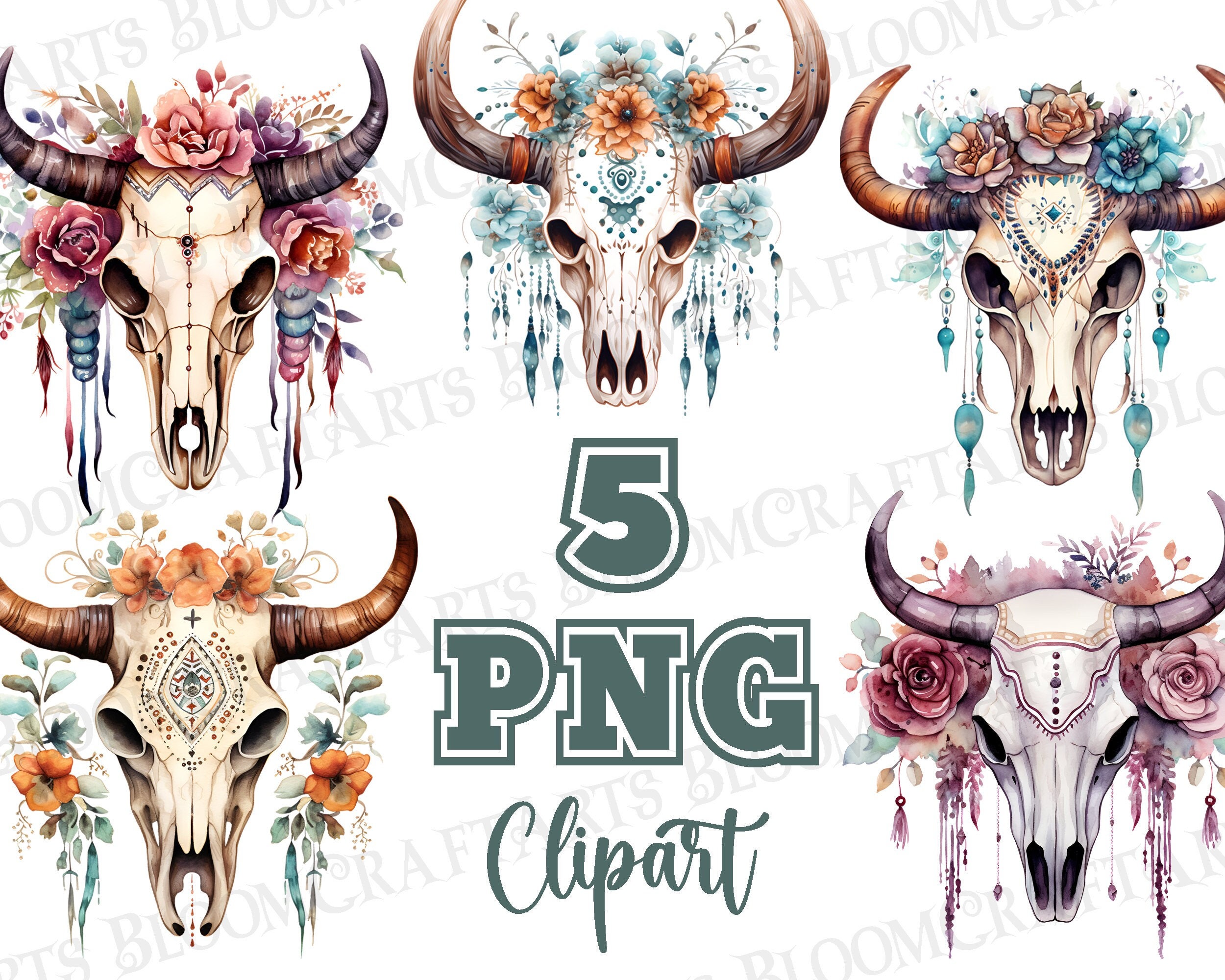 Watercolor Boho Cow Skull Png Clipart Set, Beautiful Floral Longhorn ...