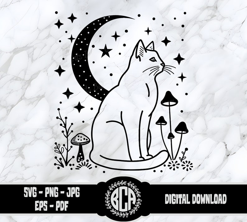 Mystical Cat SVG, Enchanted Moon Cat SVG, Celestial Cat and Mushrooms ...
