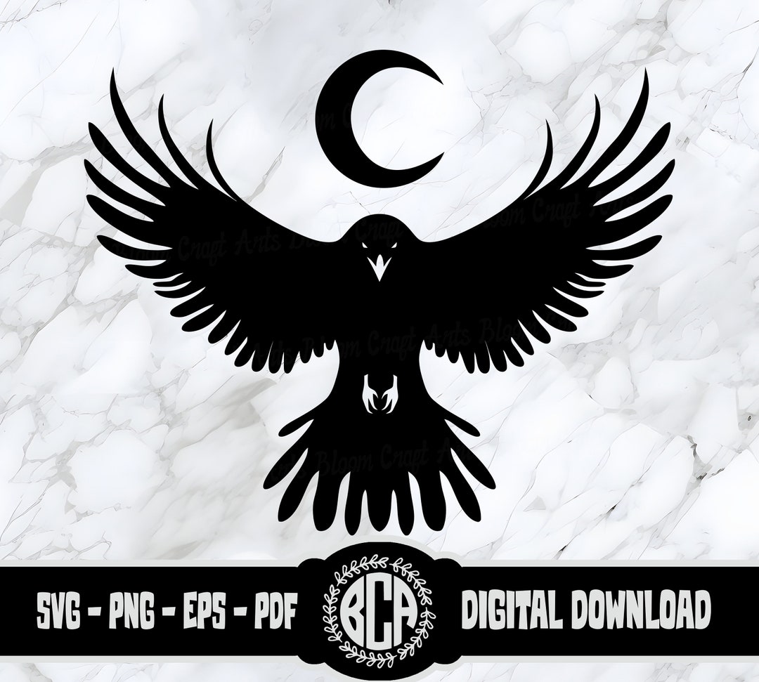 Celestial Crow SVG | Crow and Moon SVG File | Witchy Crow PNG | Open Winged Crow Silhouette ...