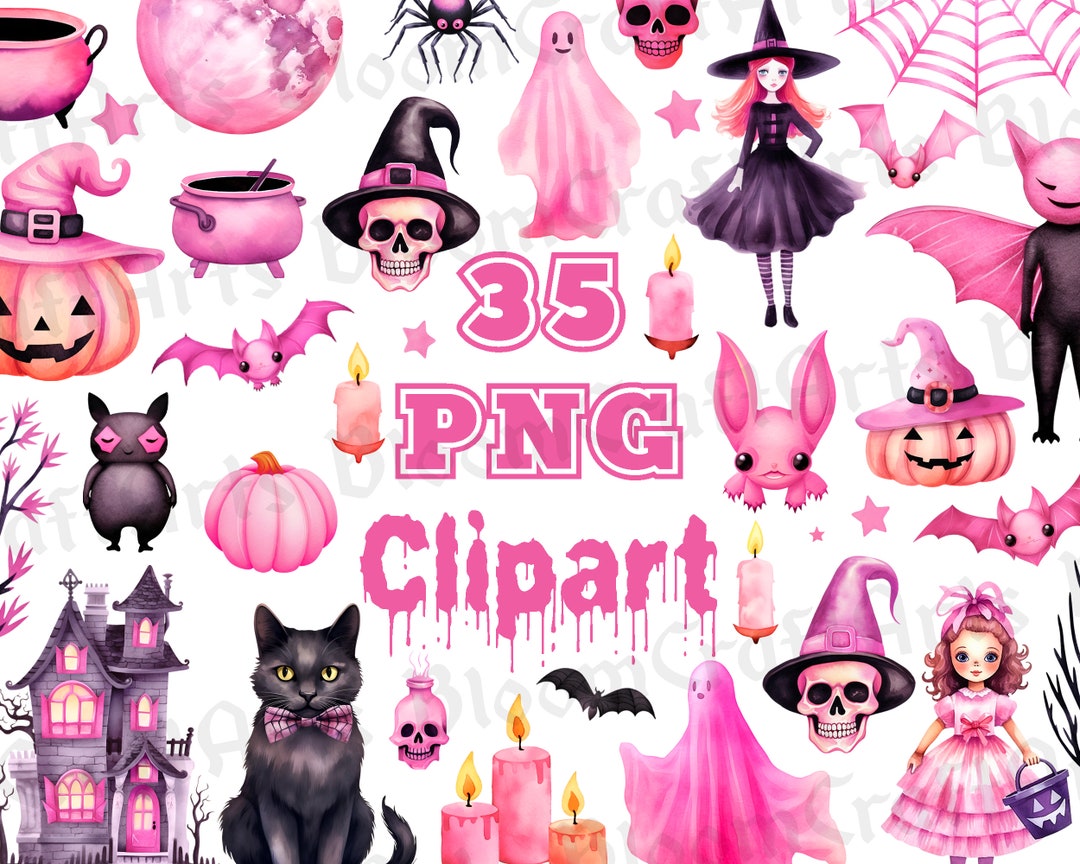 Pink Halloween PNG Bundle, Pastel Witch Clipart, Pink Pumpkin Ghost ...