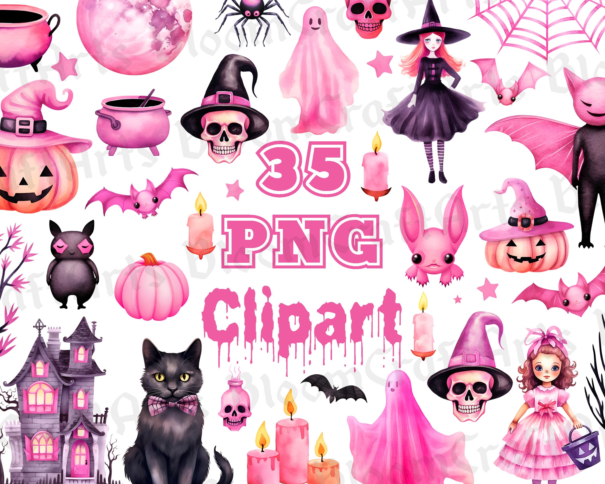 Watercolor Pink Halloween PNG Clipart Witchy and Whimsical - Etsy